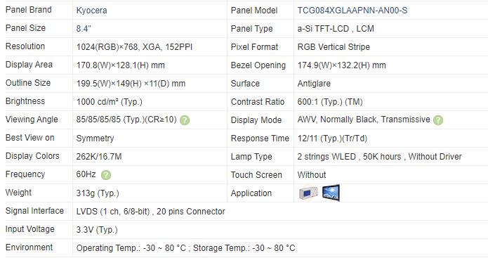 TCG084XGLAAPNN-AN00-S Kyocera 8.4inch 1024*768 TFT-LCD Screen Panel,8-8 ...