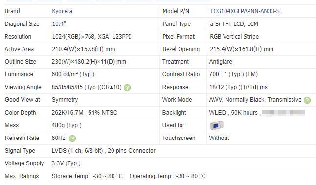 TCG104XGLPAPNN-AN33-S Kyocera 10.4inch 1024*768 TFT-LCD Display Modules ...