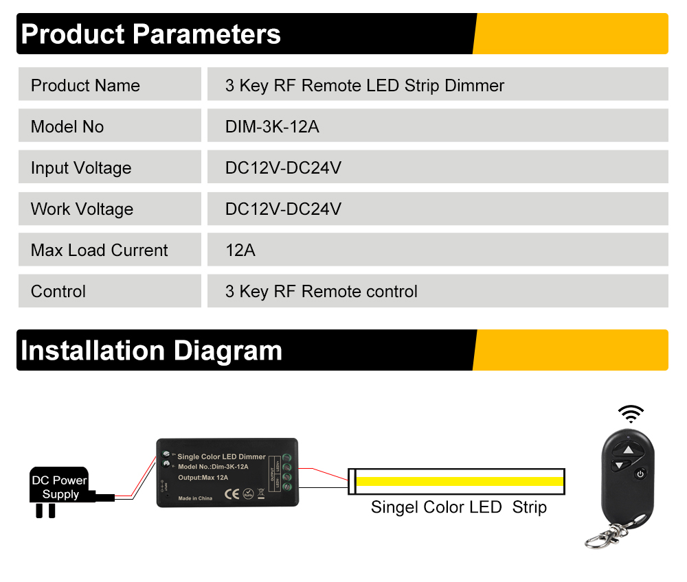 DIM-3K-12A 12A RF LED Dimmer with 3 Key remote,433 Series