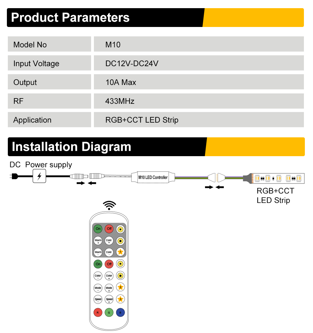 M10 Mini RF RGB+CCT LED Controller,433 Series