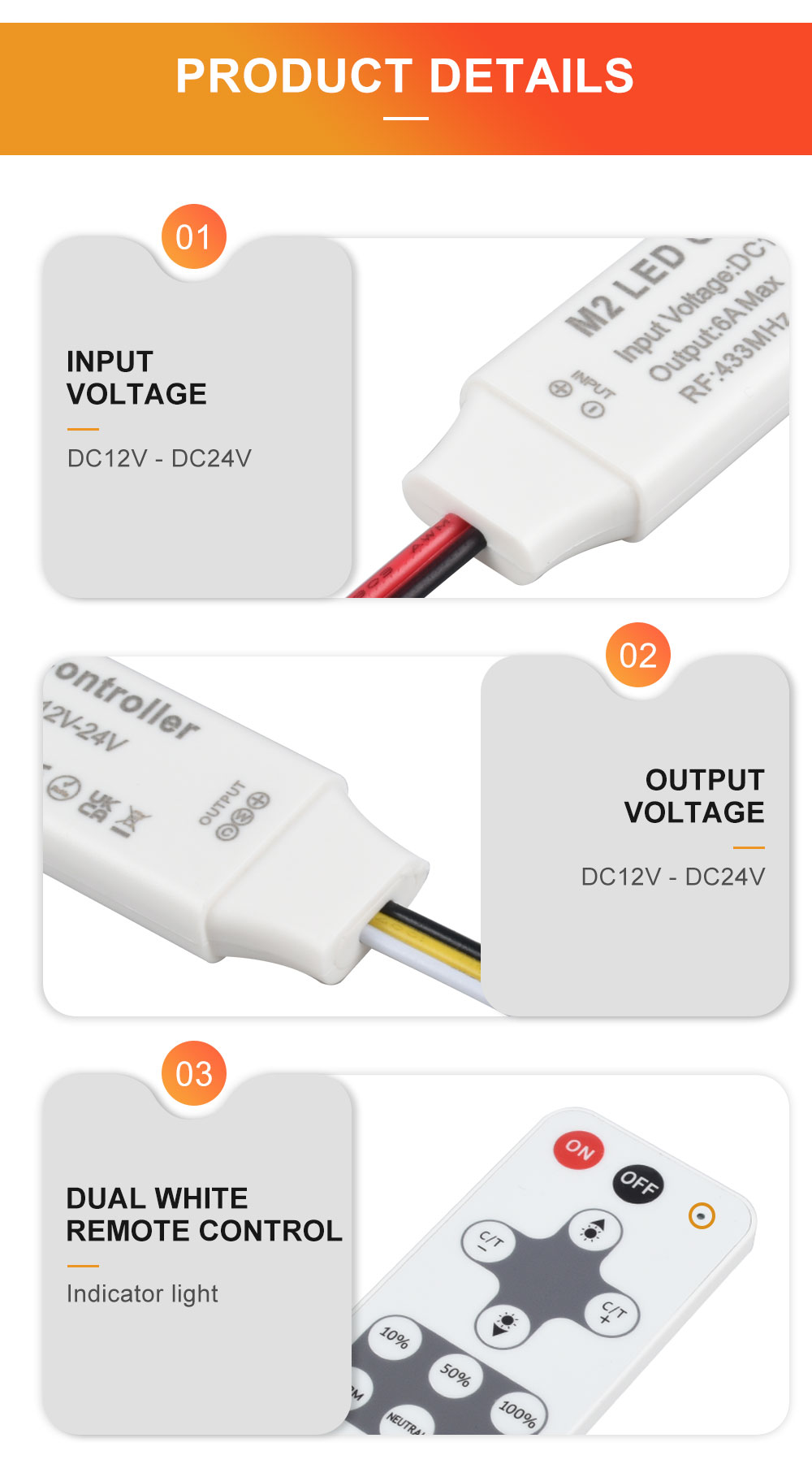 M2 Mini RF Dual White LED Controller,433 Series