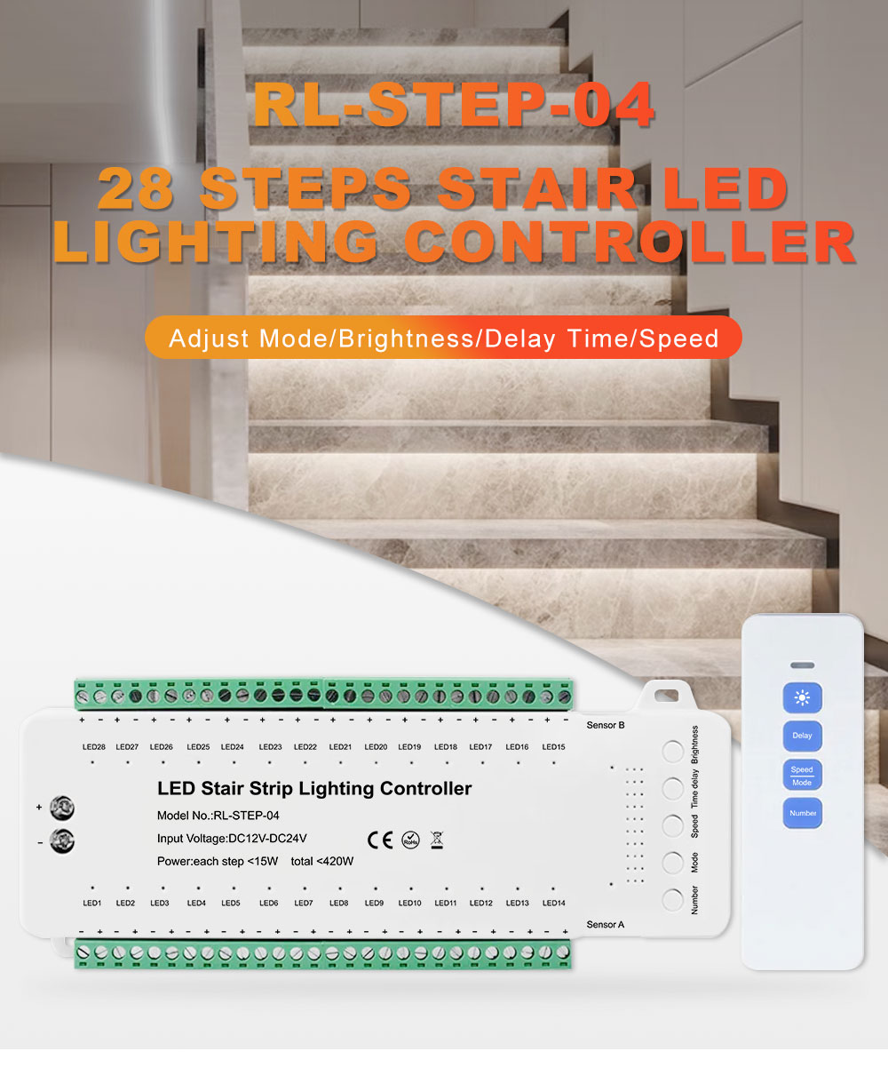 STEP-04 28 Steps LED Stair Lighting Controller with remote,Basic Series ...