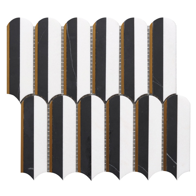 Black fish scale backsplash tile with gold accent stone mosaic for ...