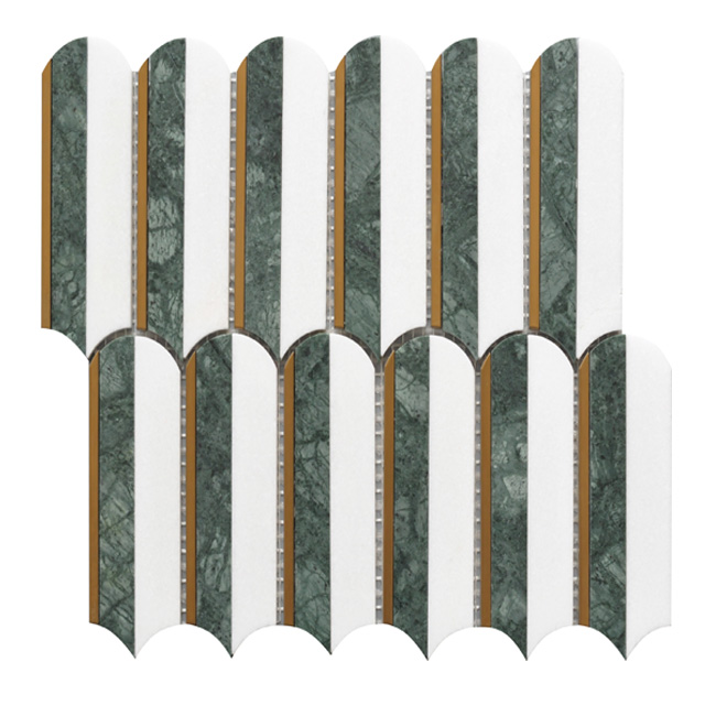 Black fish scale backsplash tile with gold accent stone mosaic for ...