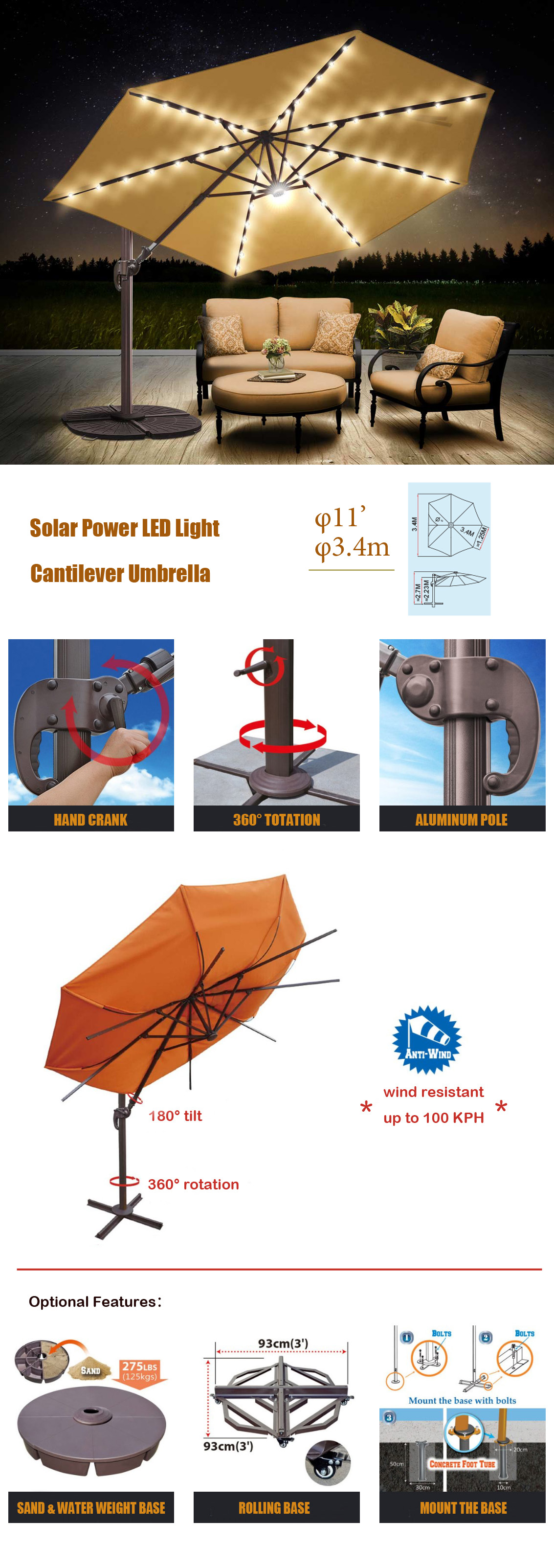 Paraguas solar para patio exterior con luces LED Parasol voladizo para ...
