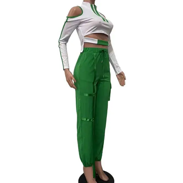 Cold Shoulder Top Cargo Pants Set
