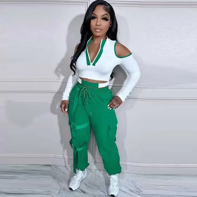 Cold Shoulder Top Cargo Pants Set