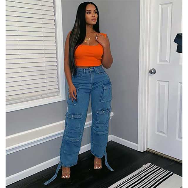 Multi Pockets High Waist Cargo Jeans