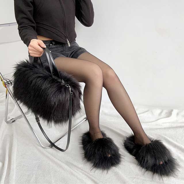 Luxury Faux Fur Flat Slippers Bag Set