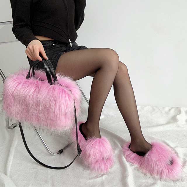 Luxury Faux Fur Flat Slippers Bag Set