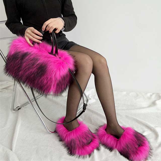 Luxury Faux Fur Flat Slippers Bag Set