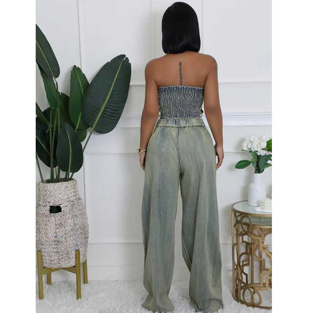 Denim Lace-Up Tube Top Wide Leg Pants Set