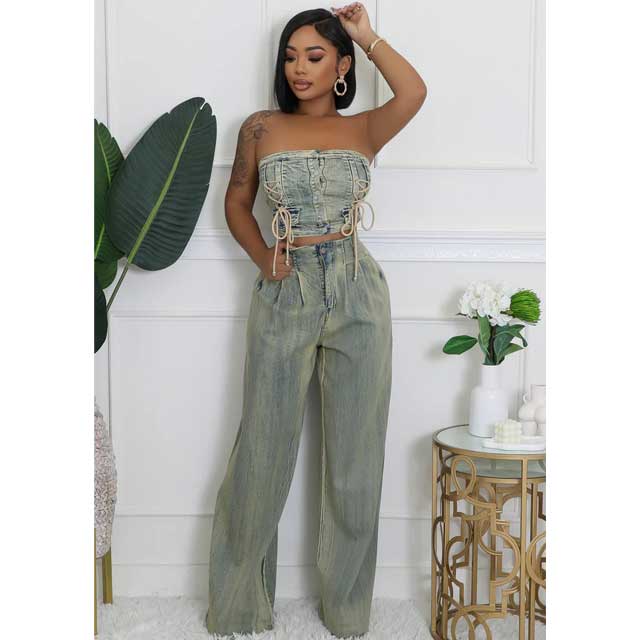 Denim Lace-Up Tube Top Wide Leg Pants Set