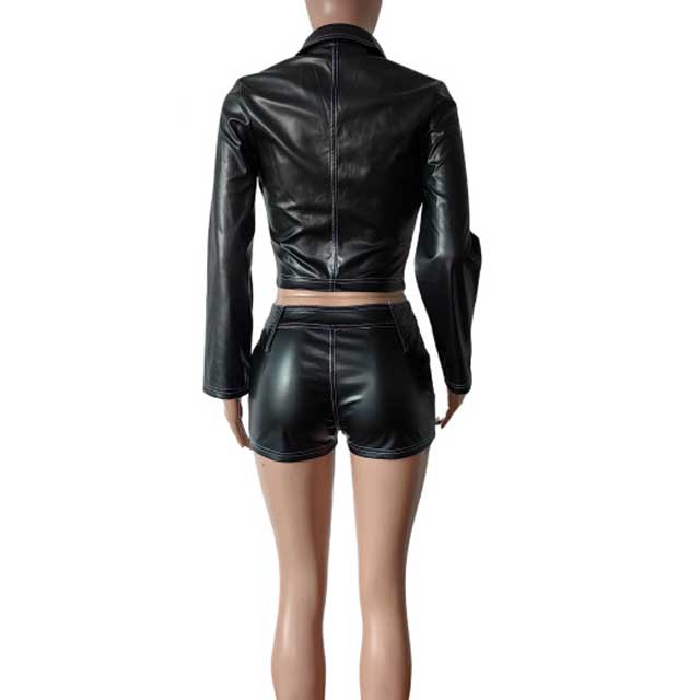 Leather Zipper Jacket Top Short Set