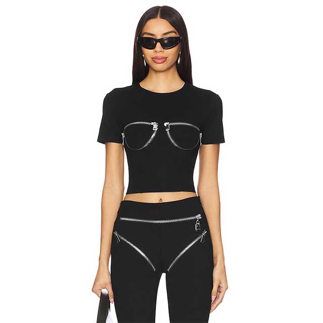 Zippers Out Design Short Sleeve Slim Tops
