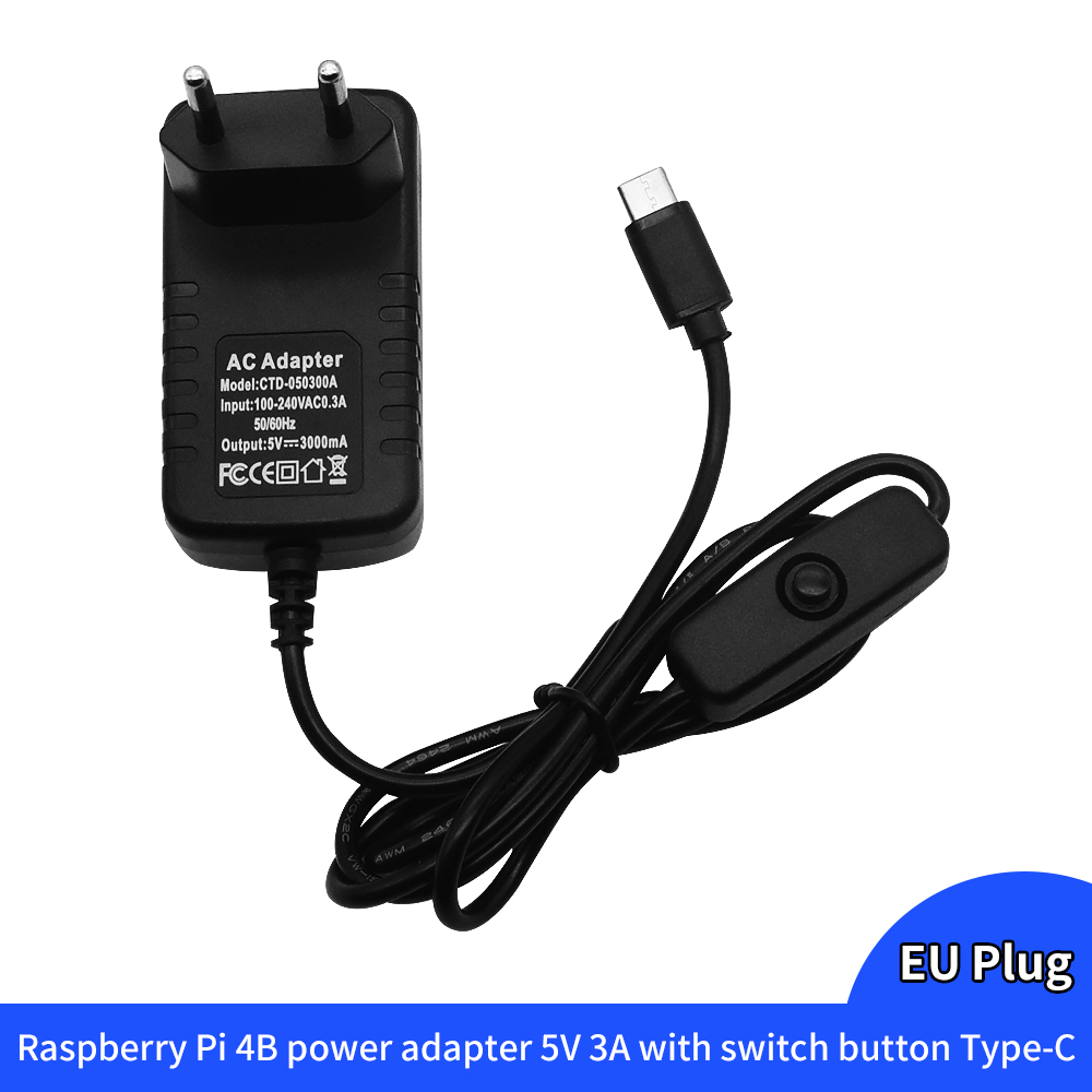 Raspberry Pi 4B Power Adapter 5V 3A With Switch Button USB Type-C ...