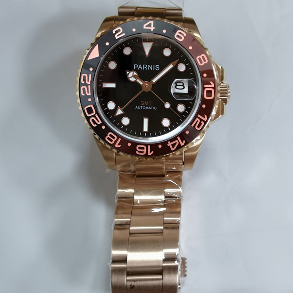40mm Parnis Automatic Movement GMT Sapphire Crystal Mens Watch Rotating ...