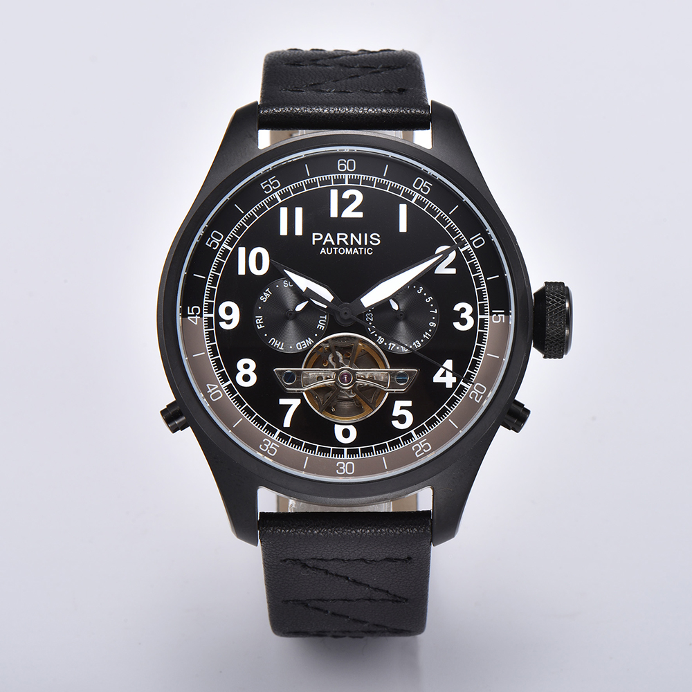 Parnis Black Dial Browm Leather Strap Wrist Watches for Men Stainless ...