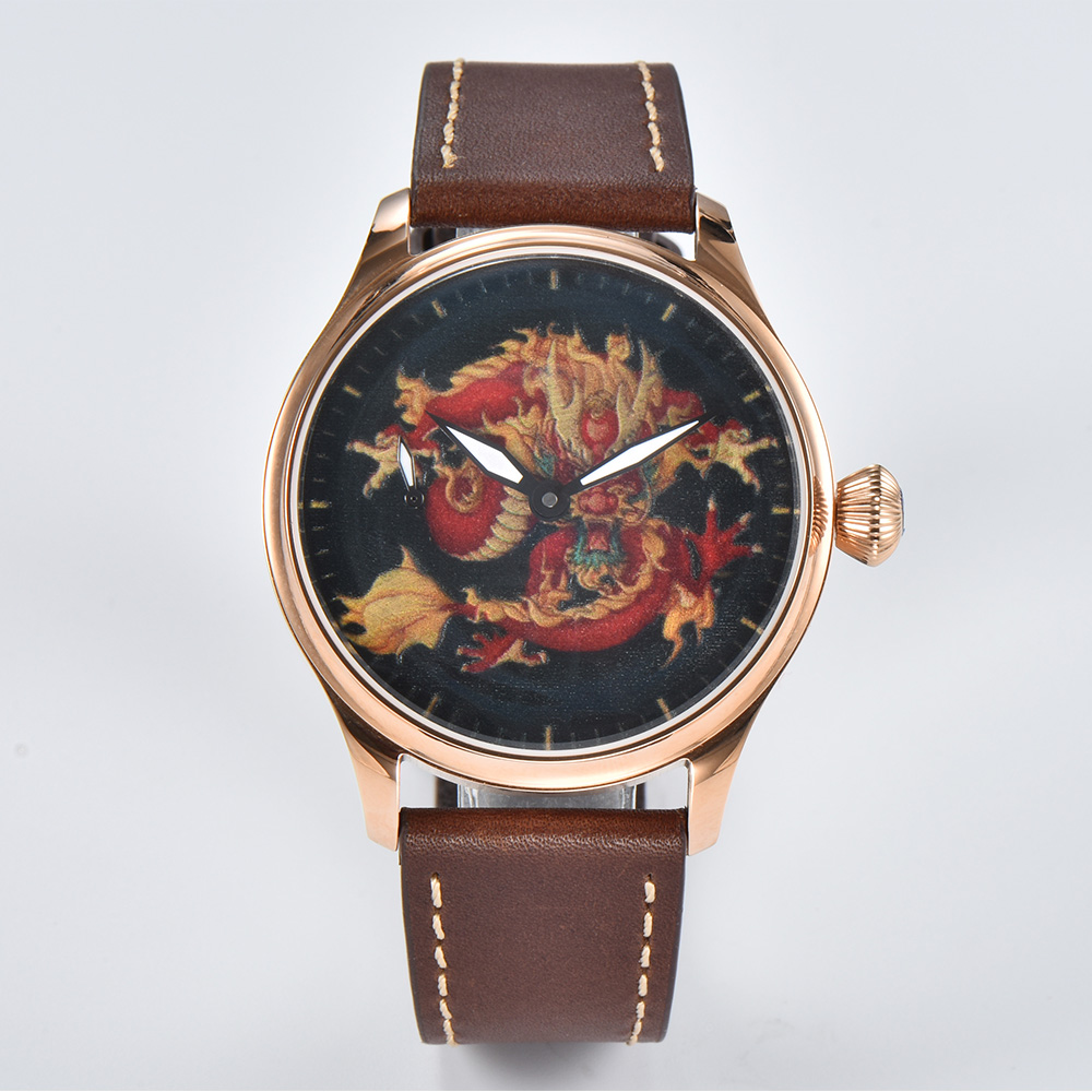 44mm Parnis Hand Winding Mens Classic Dragon Dial Wrist Watch