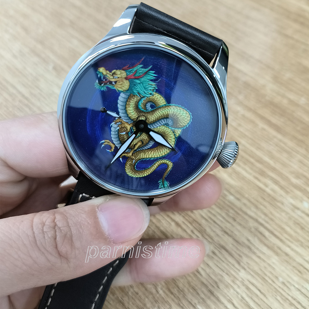 44mm Parnis Hand Winding Mens Classic Dragon Dial Wrist Watch