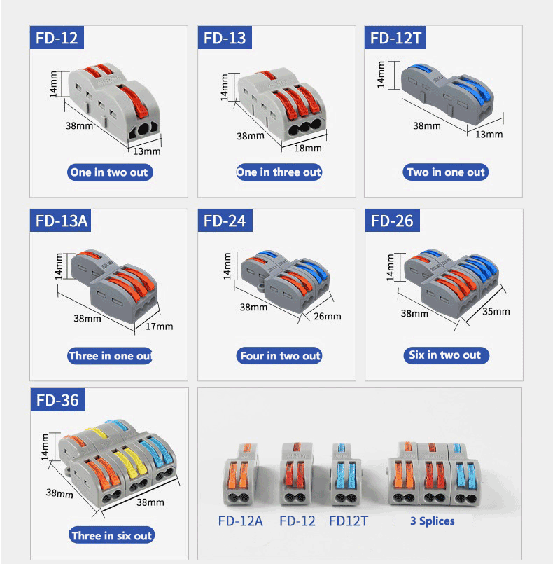 Spring lever terminal block electric cable wire connector