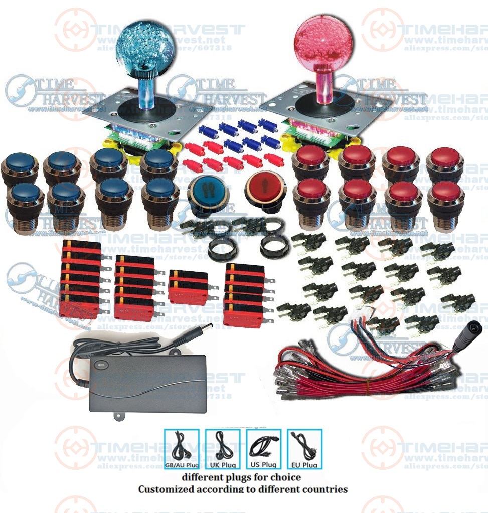 DIY Arcade Game controller parts kit LED Illuminated chrome push button LED Joystick 1 & 2 ...