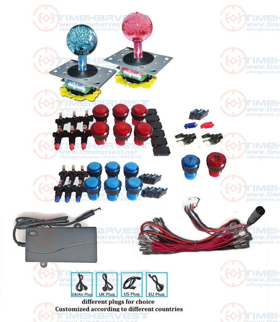 DIY Arcade Game controller parts kit LED Illuminated chrome push button LED Joystick 1 & 2 ...