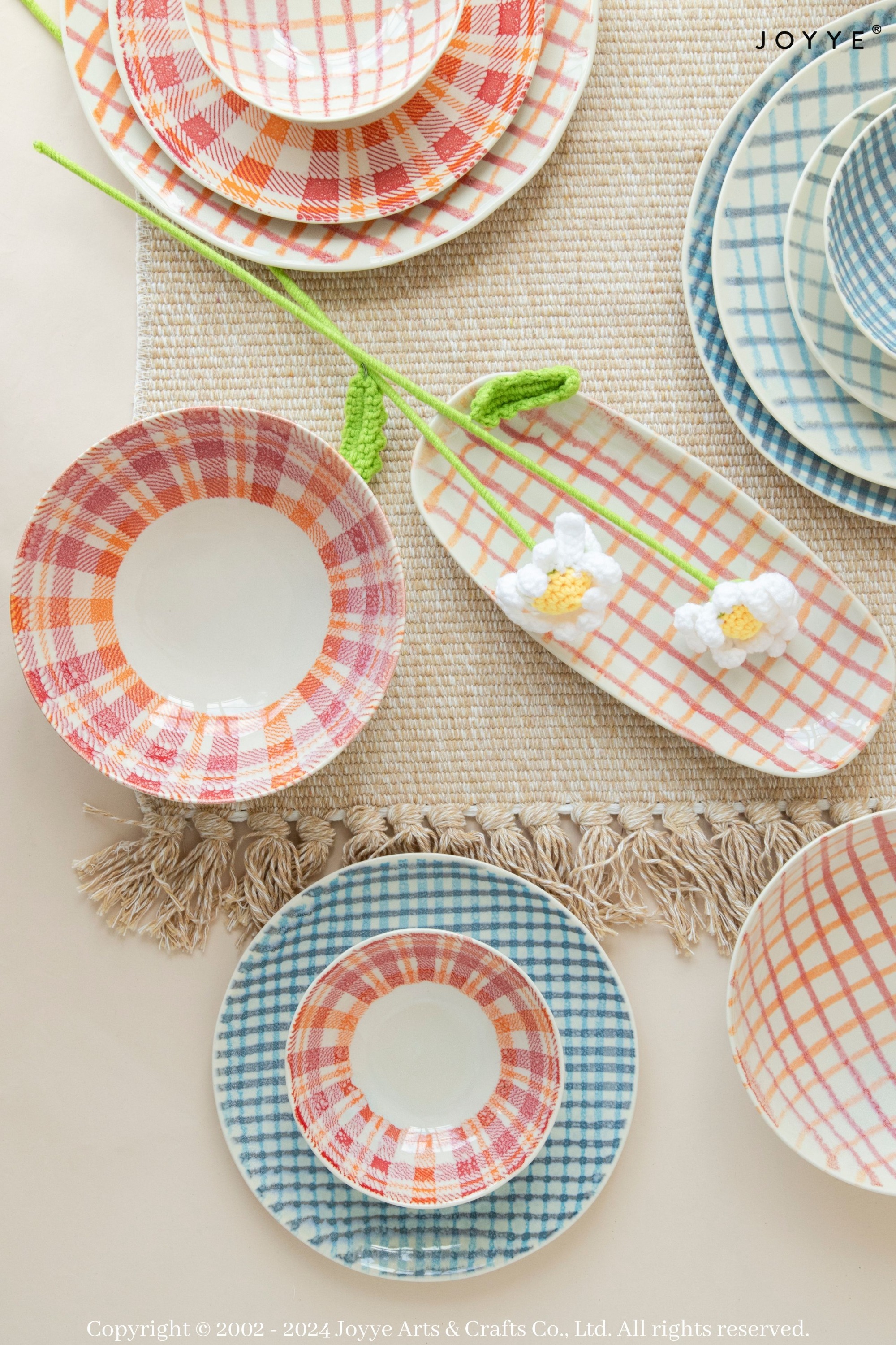 The Sweet Hand-painted Check Ceramic Dinnerware and Crochet Flowers by ...