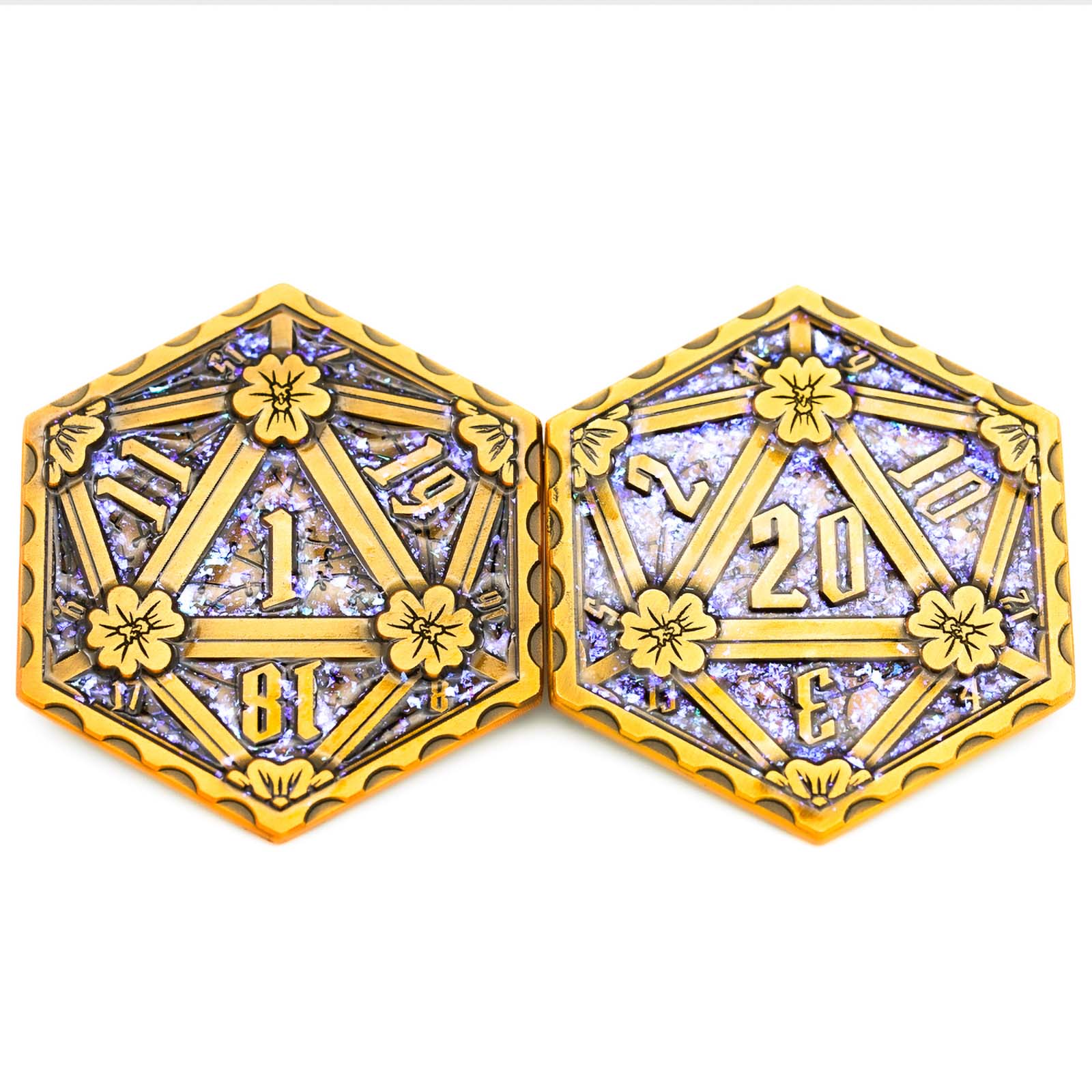 Various Styles of Flat D20 Metal Coins