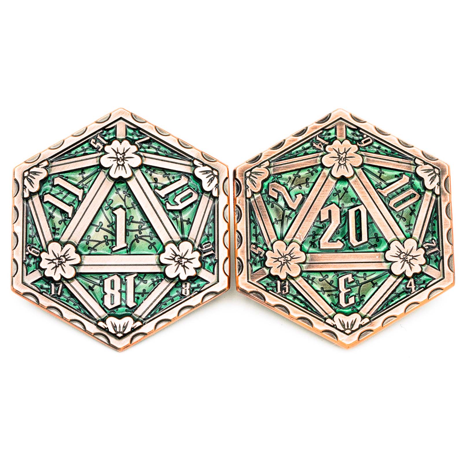 Various Styles of Flat D20 Metal Coins