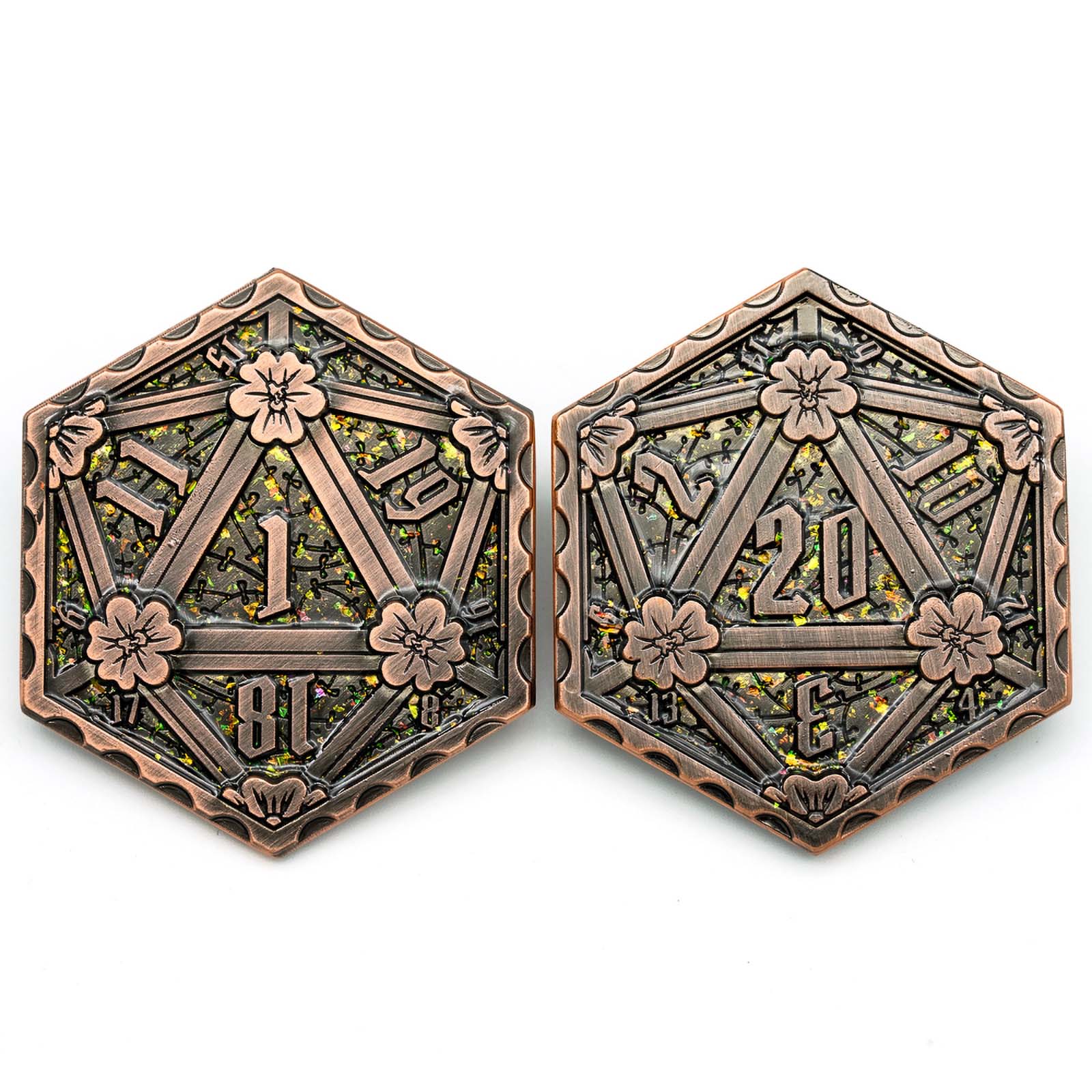 Various Styles of Flat D20 Metal Coins