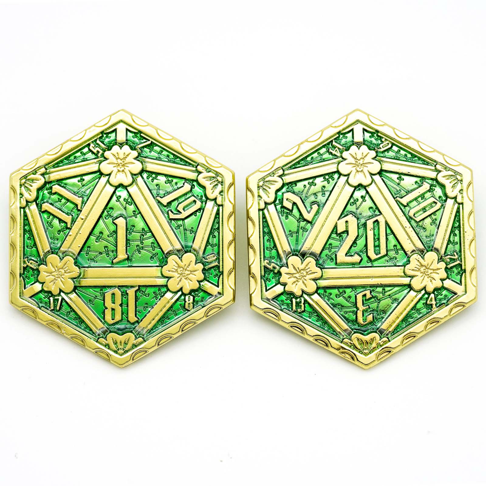 Various Styles of Flat D20 Metal Coins