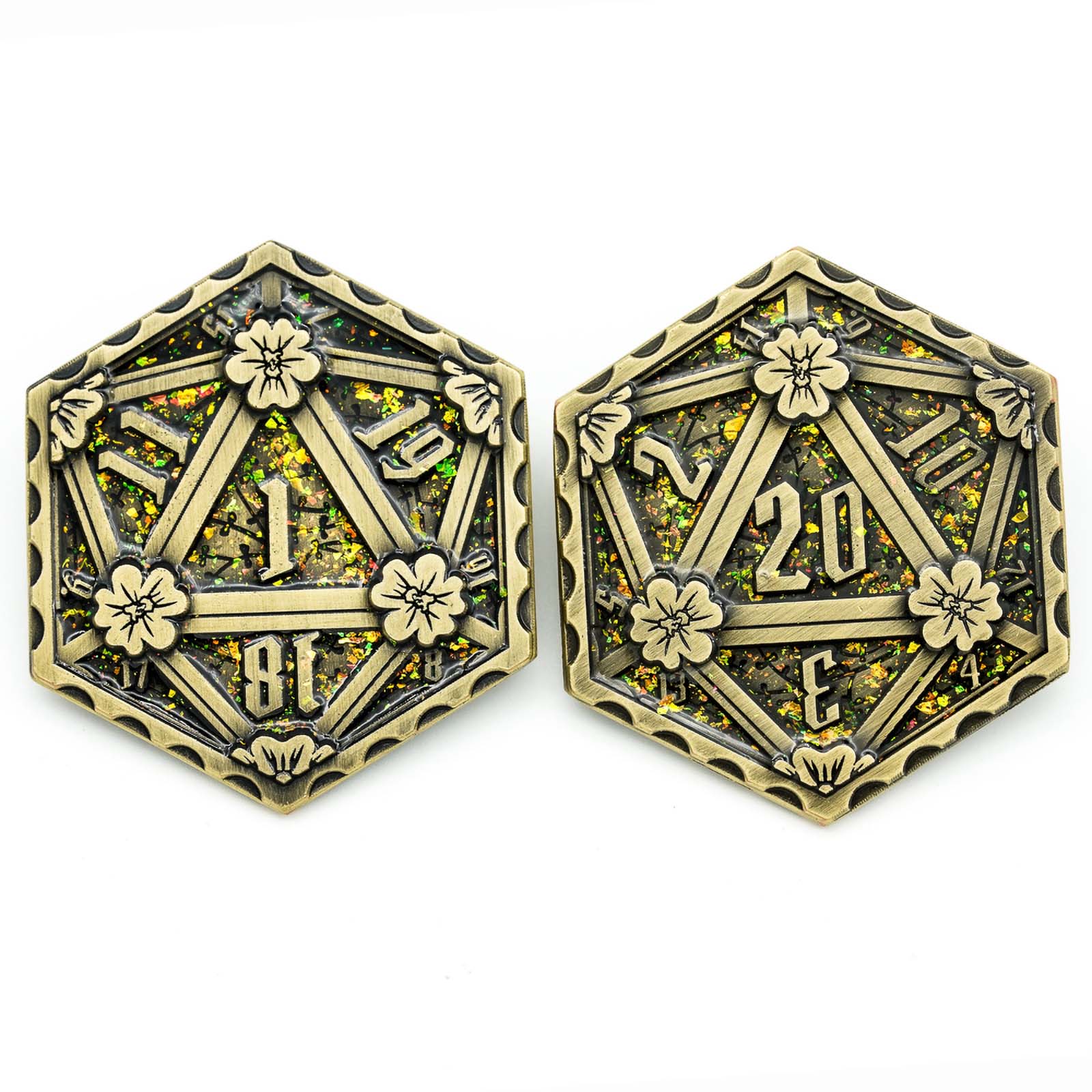 Various Styles of Flat D20 Metal Coins