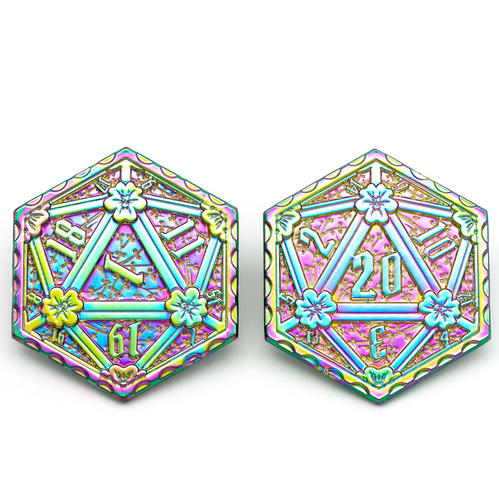 Various Styles of Flat D20 Metal Coins
