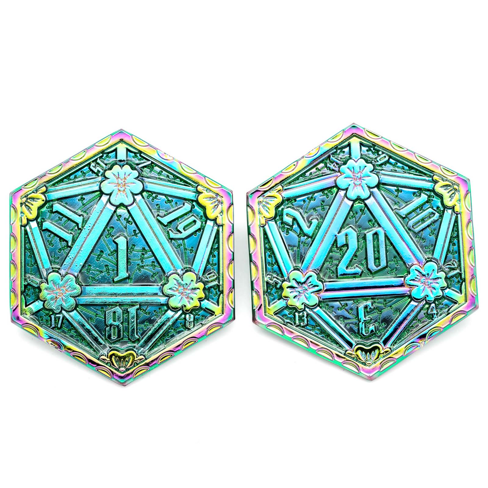 Various Styles of Flat D20 Metal Coins