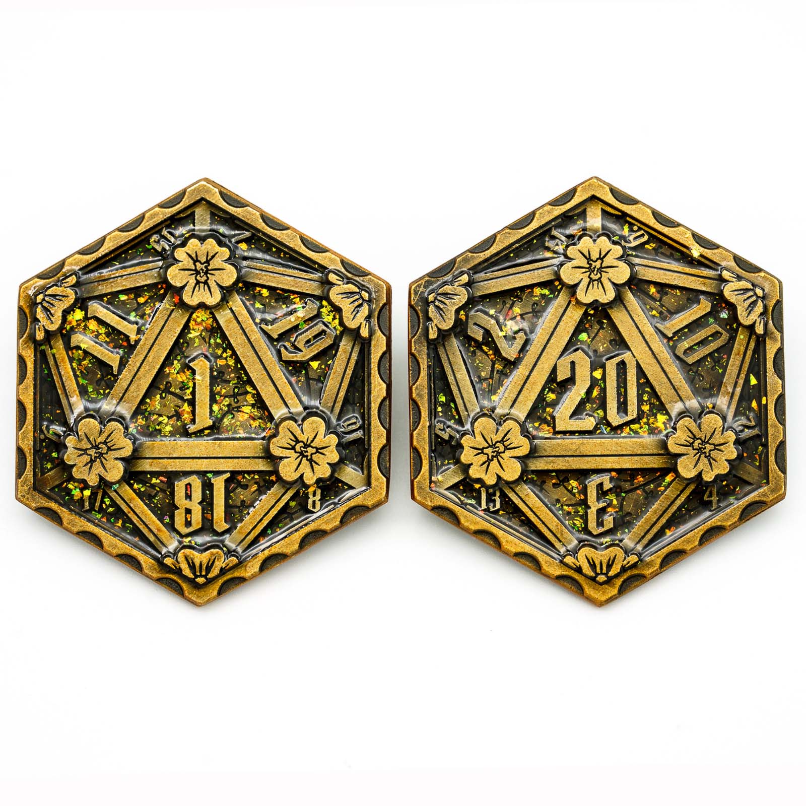 Various Styles of Flat D20 Metal Coins