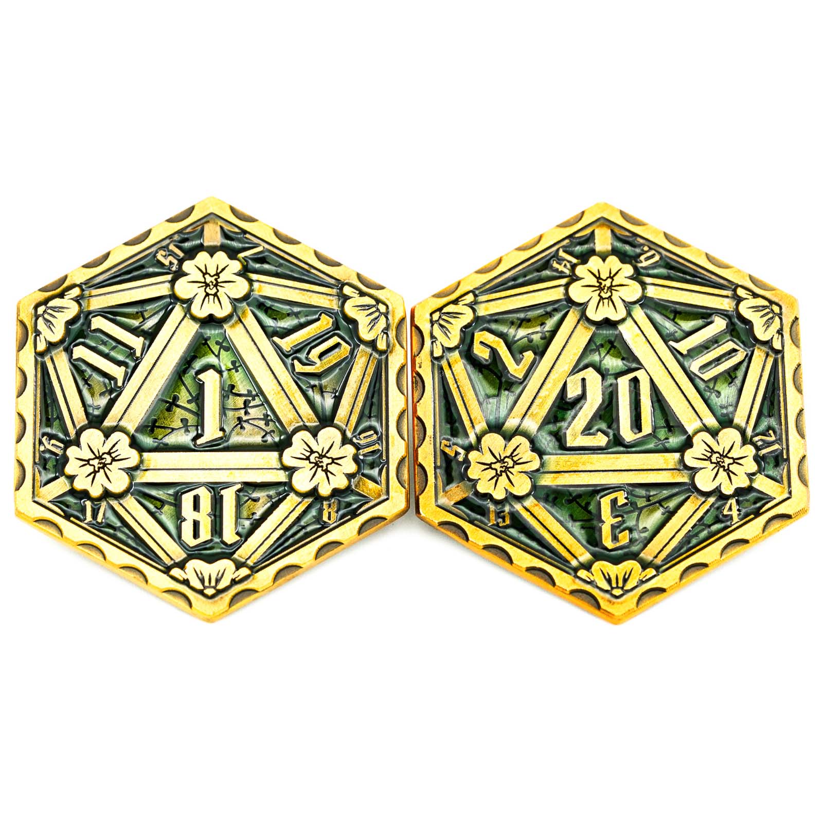 Various Styles of Flat D20 Metal Coins