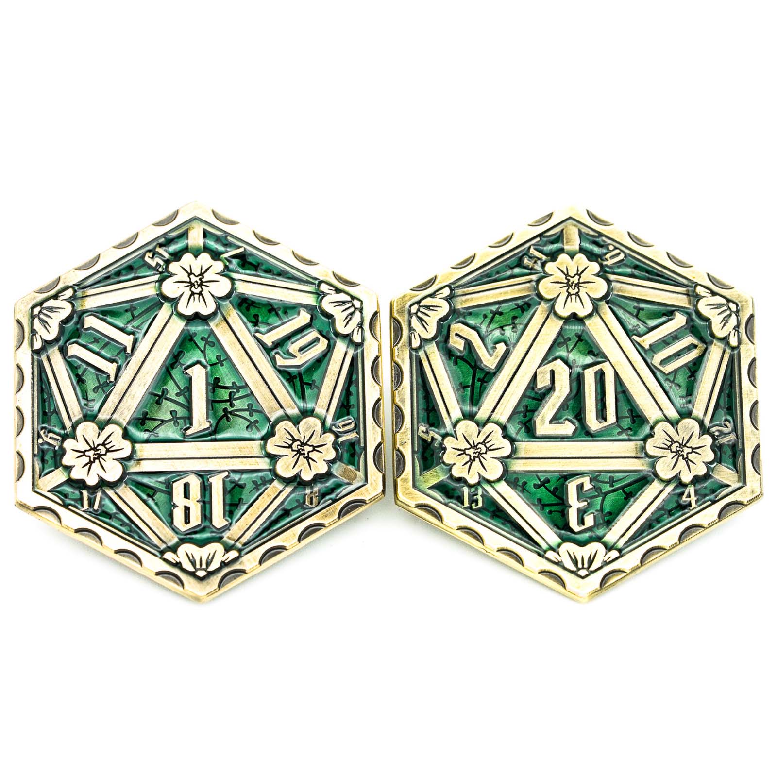 Various Styles of Flat D20 Metal Coins
