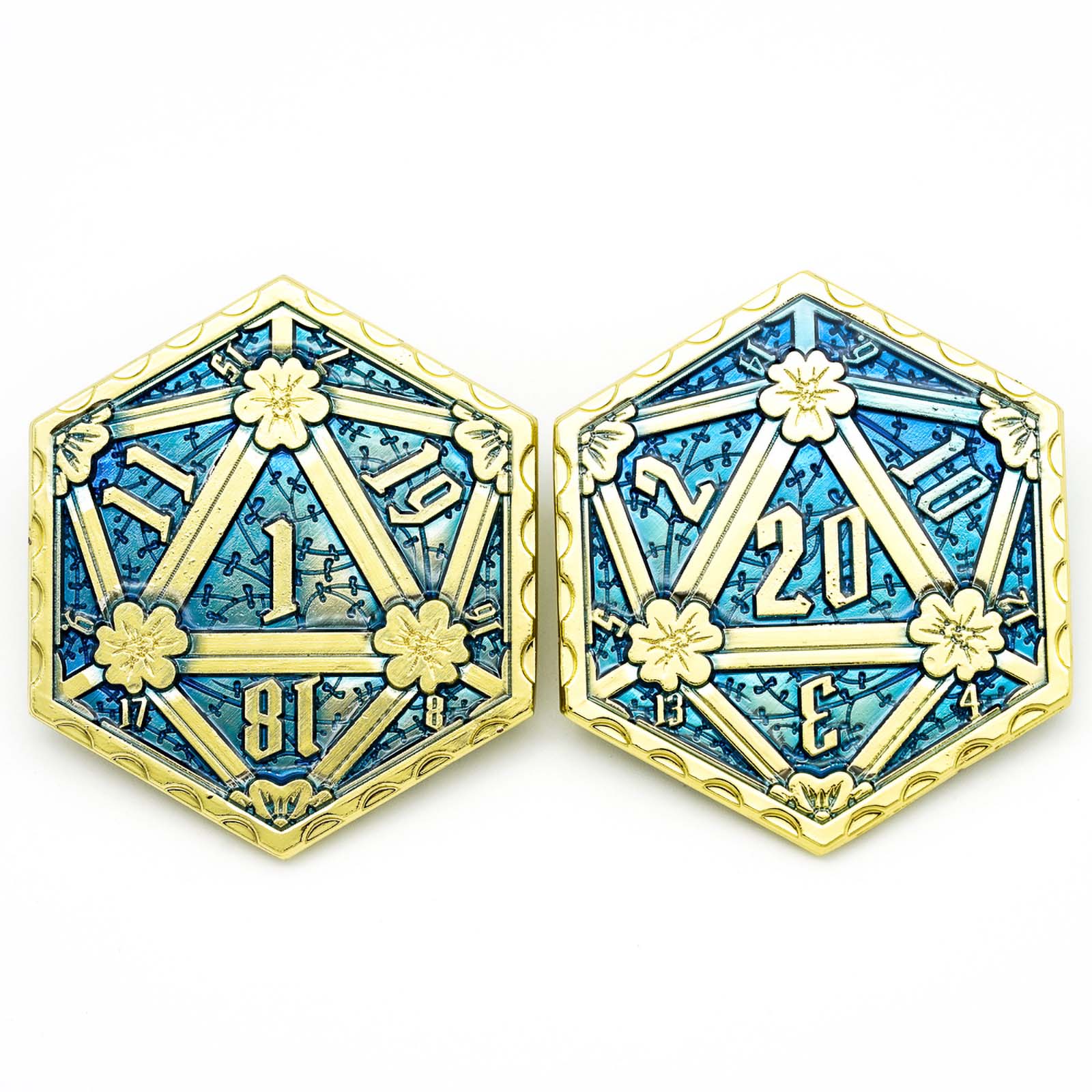 Various Styles of Flat D20 Metal Coins
