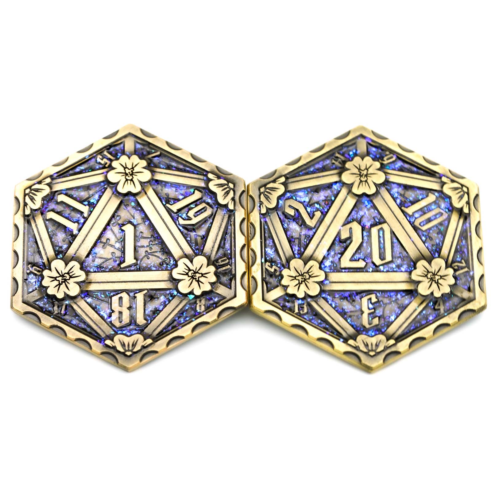 Various Styles of Flat D20 Metal Coins