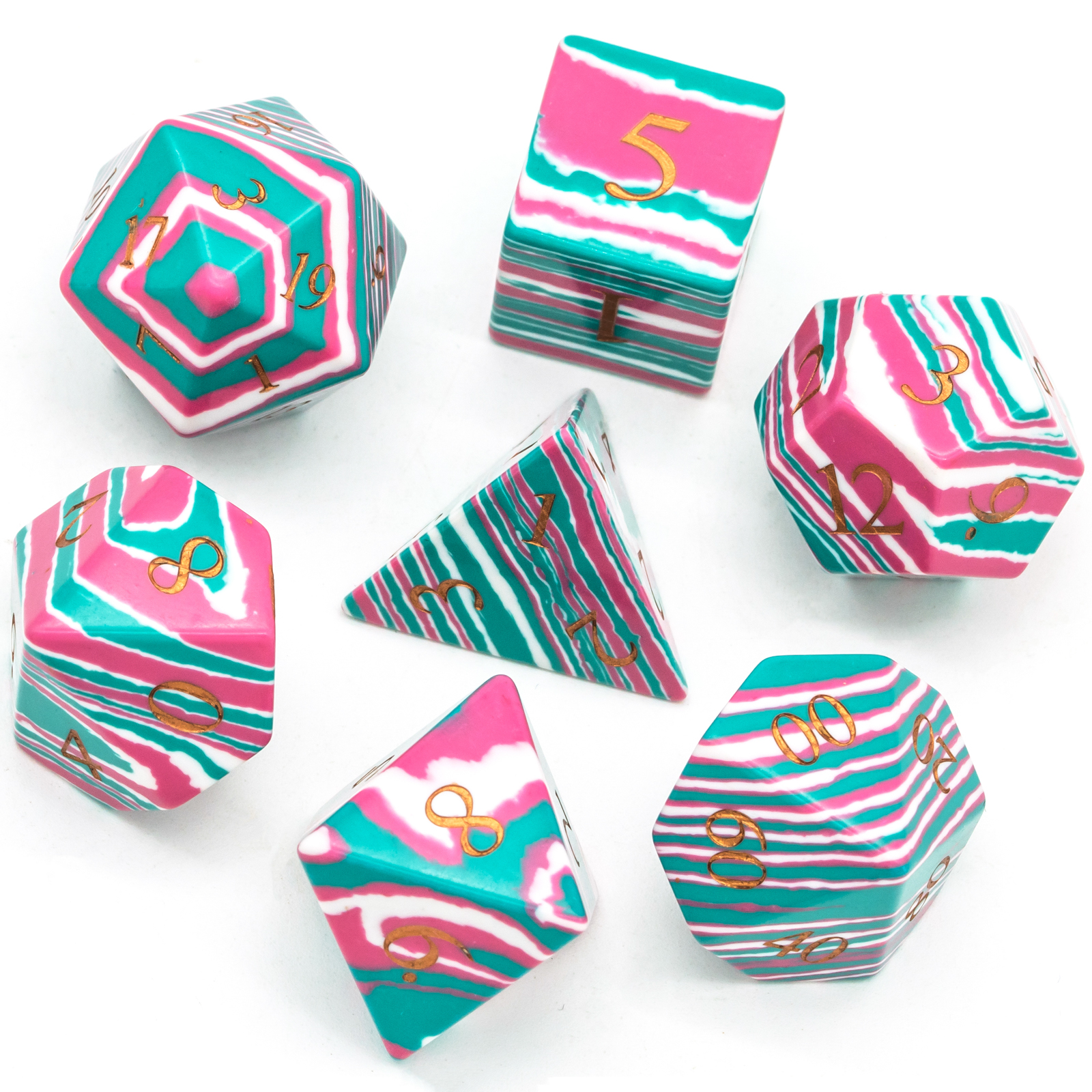 Striped Turquoise Dice Set With Hexagonal Leather Box