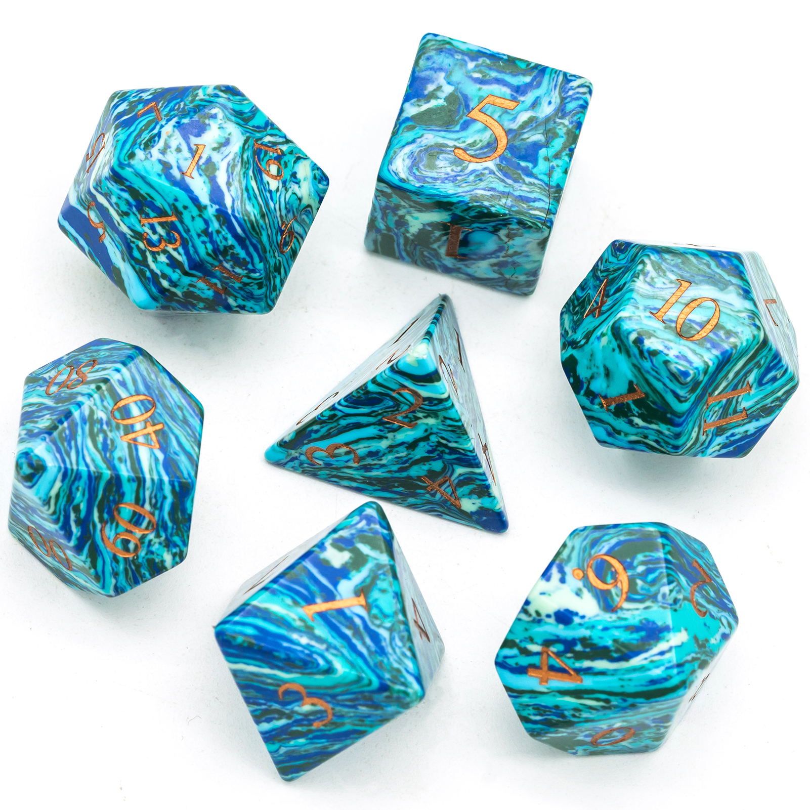 Striped Turquoise Dice Set With Hexagonal Leather Box