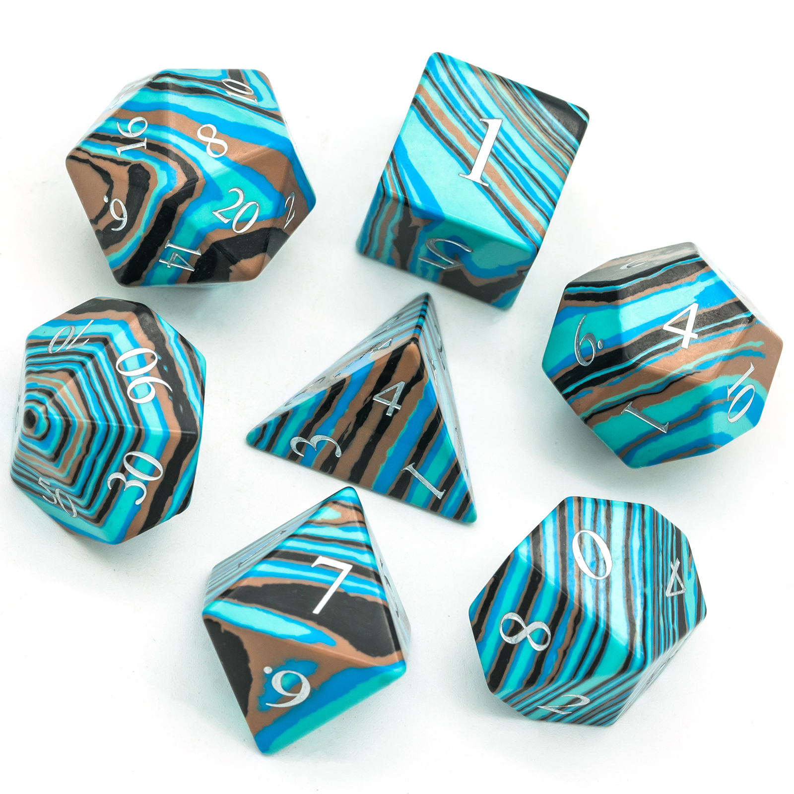 Striped Turquoise Dice Set With Hexagonal Leather Box