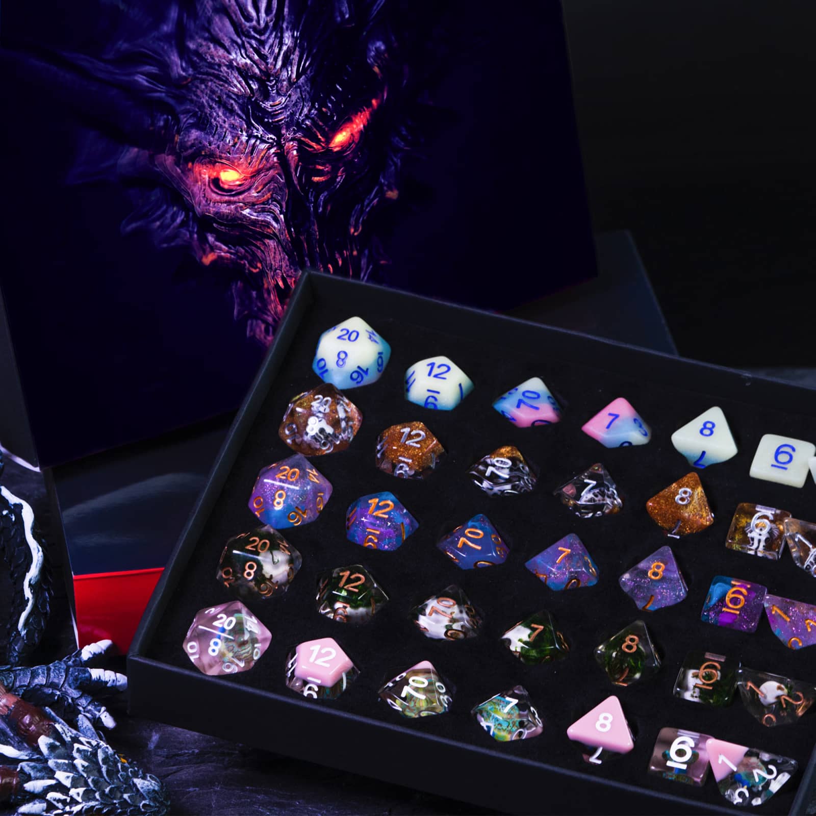 Cusdie 5Sets/35Pcs DND Dice Set with 2in1 Gift Box Dice Tray Polyhedral ...