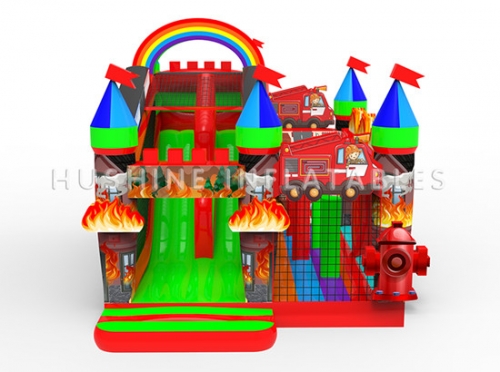 EN14960 Firefighter Fire Truck Slide Bouncy Castle Fire Engine Bounce House