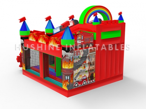 EN14960 Firefighter Fire Truck Slide Bouncy Castle Fire Engine Bounce House