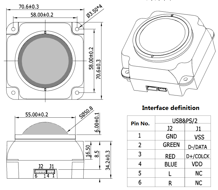 IP65 waterproof 50.0mm medical B-ultrasound trackball module