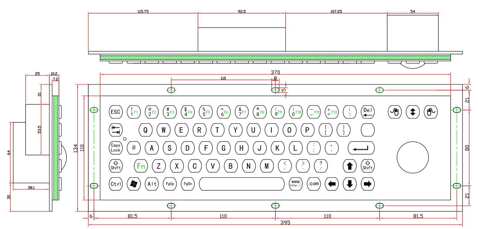 IP67 waterproof stainless steel console keyboard with integrated trackball