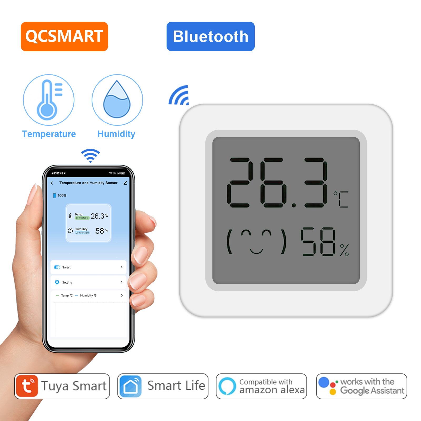 QCSMART Tuya Smart Life BLE Temperature Humidity Sensor LCD Digital ...