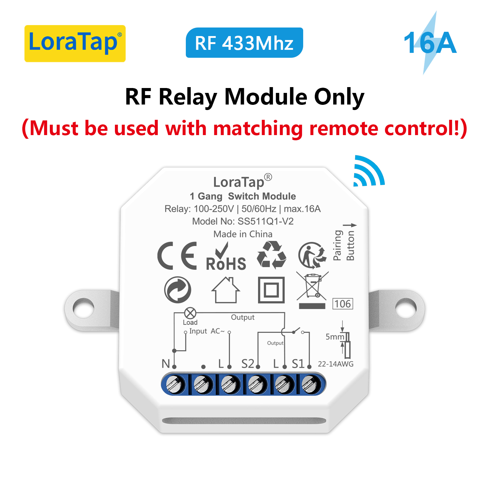 LoraTap Wireless RF 433Mhz 16A Two-ways Control Switch Relay Module ...